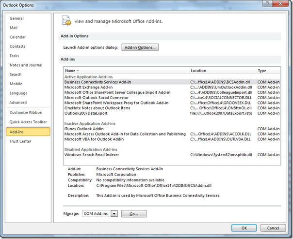 Office Outlook 2010 Add-In Manager Office Outlook 2010 Add-In Manager