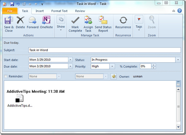 Add & Create Outlook 2010 Tasks From Word 2010 Add & Create Outlook 2010 Tasks From Word 2010
