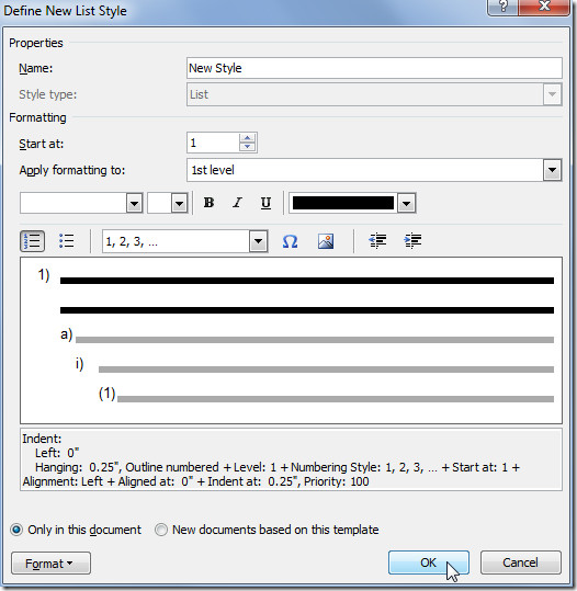Word 2010 Define Single Level List Format