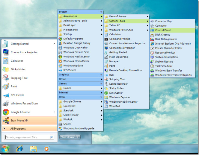 Start Menu XP Displays Windows 7 Start Menu Items In Groups