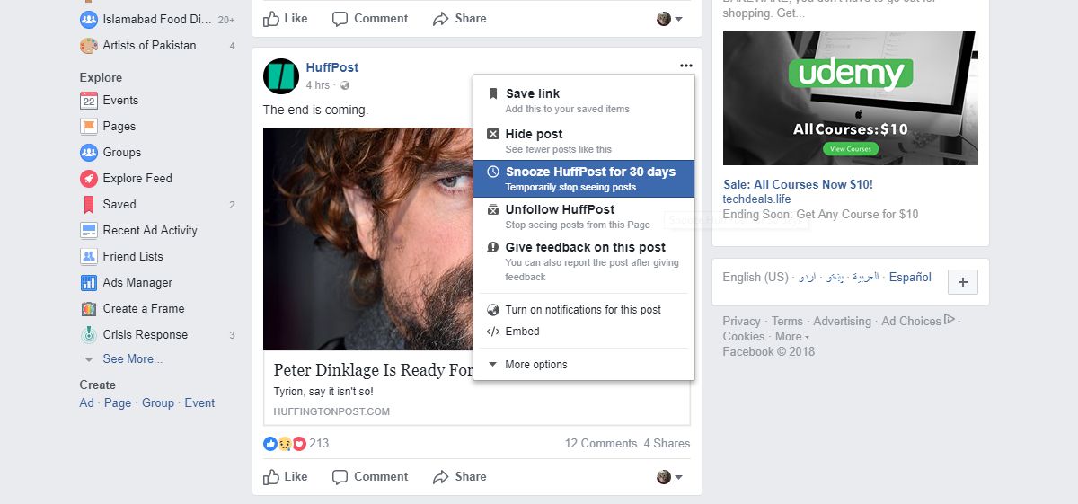 How To Snooze A Facebook Page Or Person For 30 Days