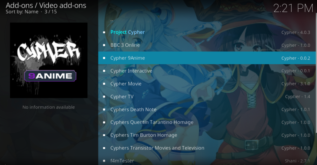 Cypher 9Anime Add-on For Kodi -- Installation And Overview