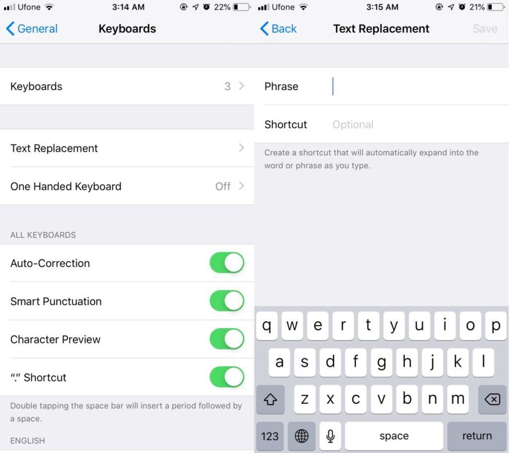 How to create custom text replacement phrases on iOS