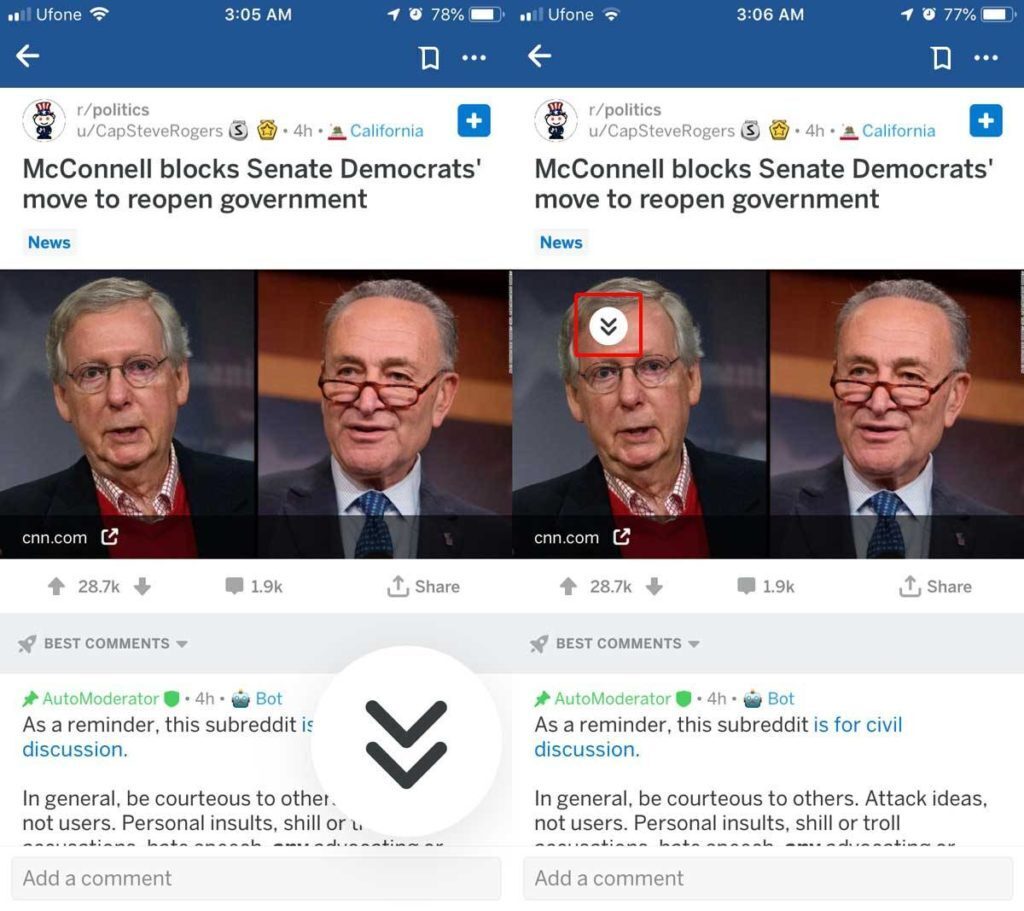 How to move the Down button on the Reddit app