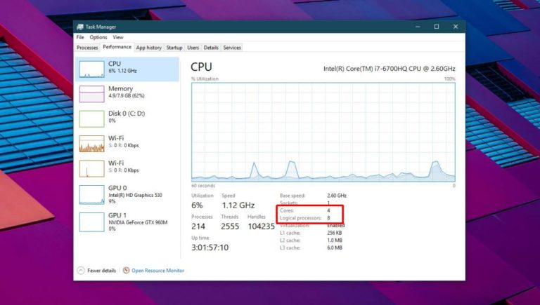 How to check CPU Core count on a Windows 10 PC