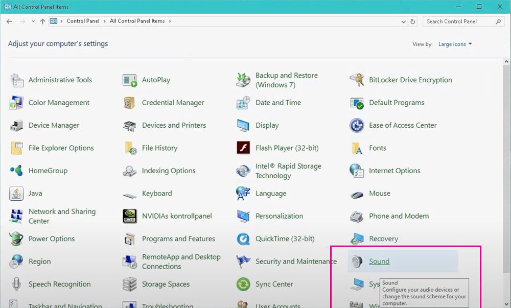 How to access Control panel sound settings on Windows 10 1903