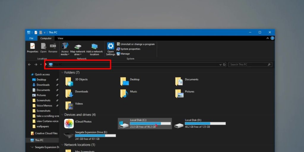 How to fix black text in File Explorer location bar on Windows 10 dark mode