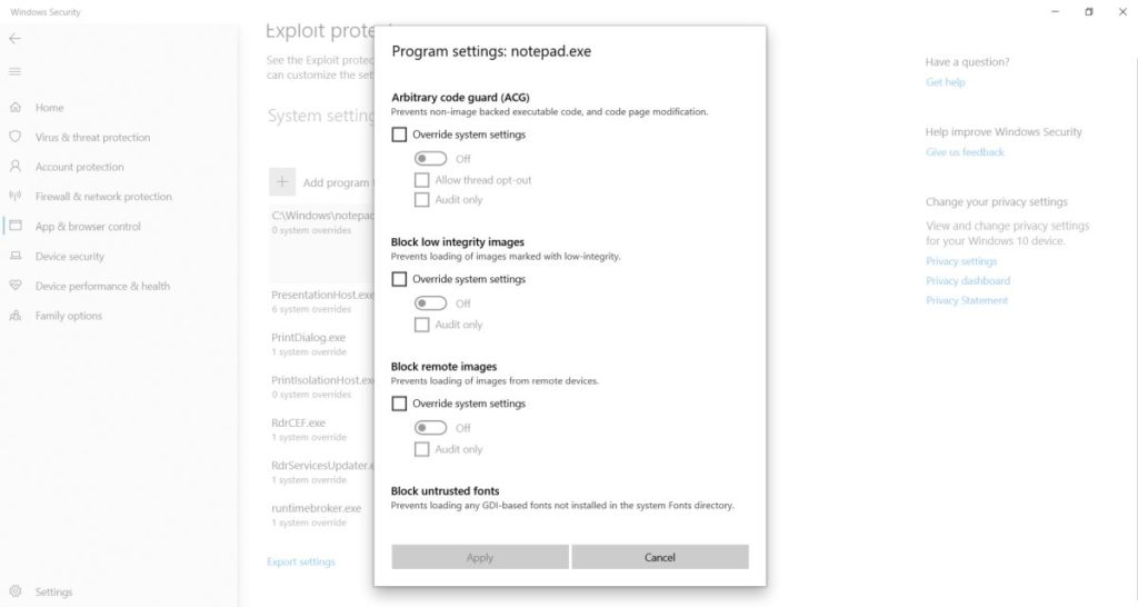 How to exclude an app from Exploit Protection on Windows 10