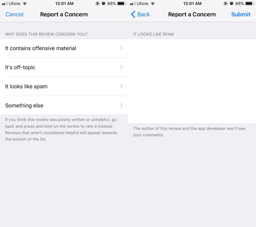 How to report spam reviews in the App Store on iOS