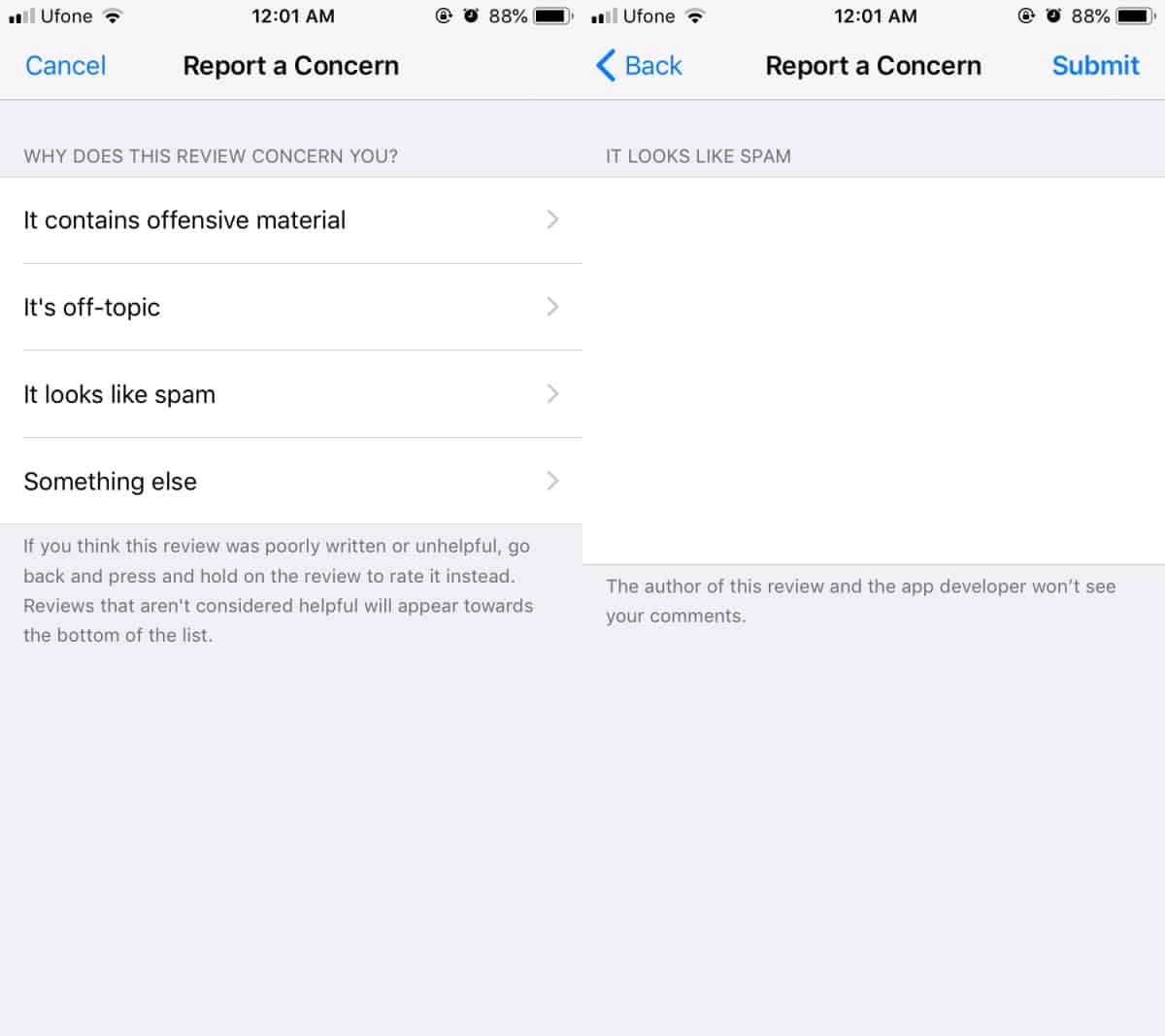 How to report spam reviews in the App Store on iOS