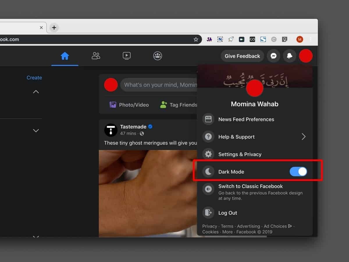 How to enable the Facebook dark mode