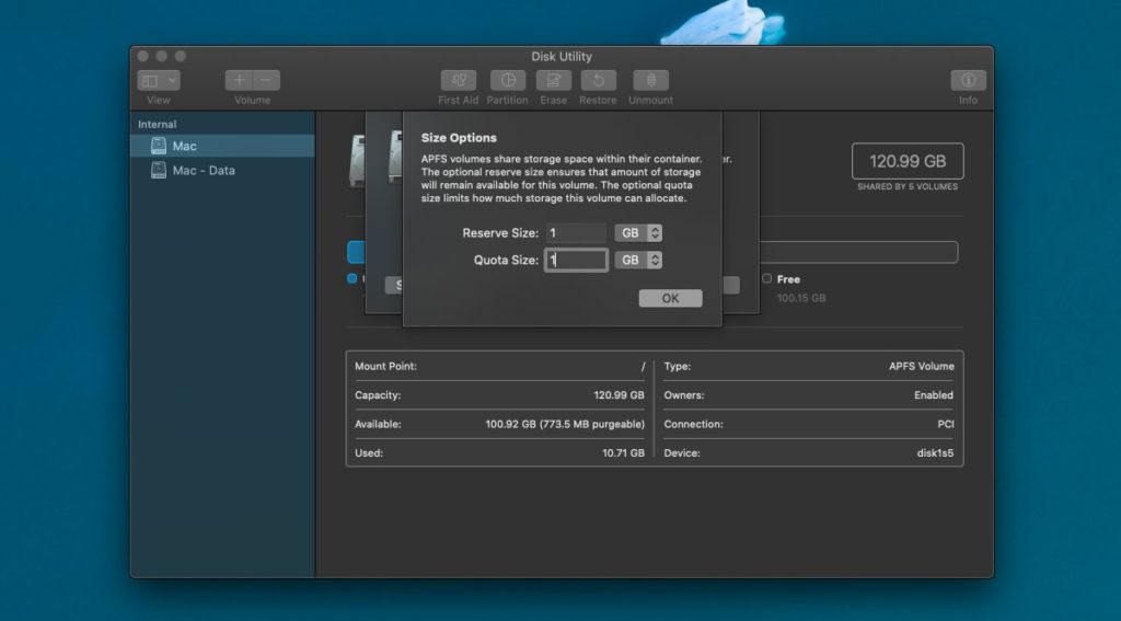 How to create an APFS volume with a storage quota on macOS