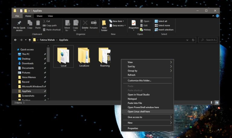 How to open a Linux shell in a folder on Windows 10