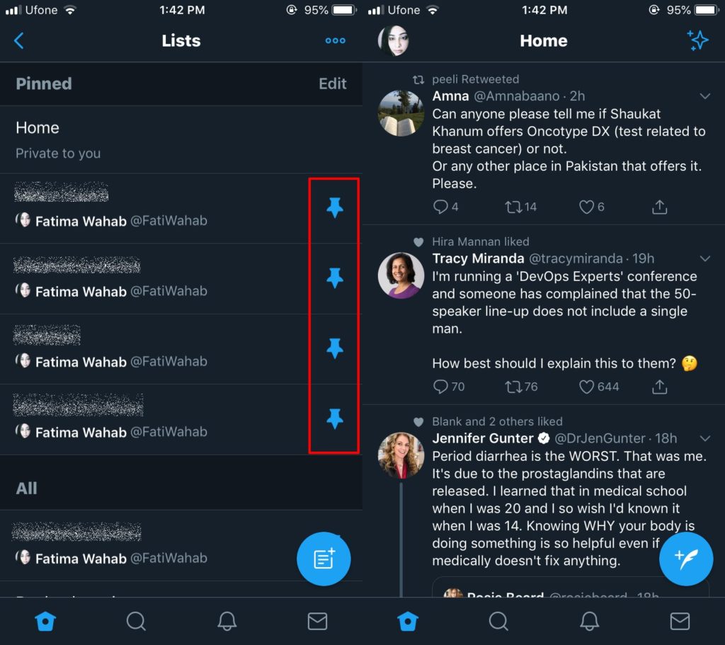 How to pin/unpin list feeds from Twitter apps