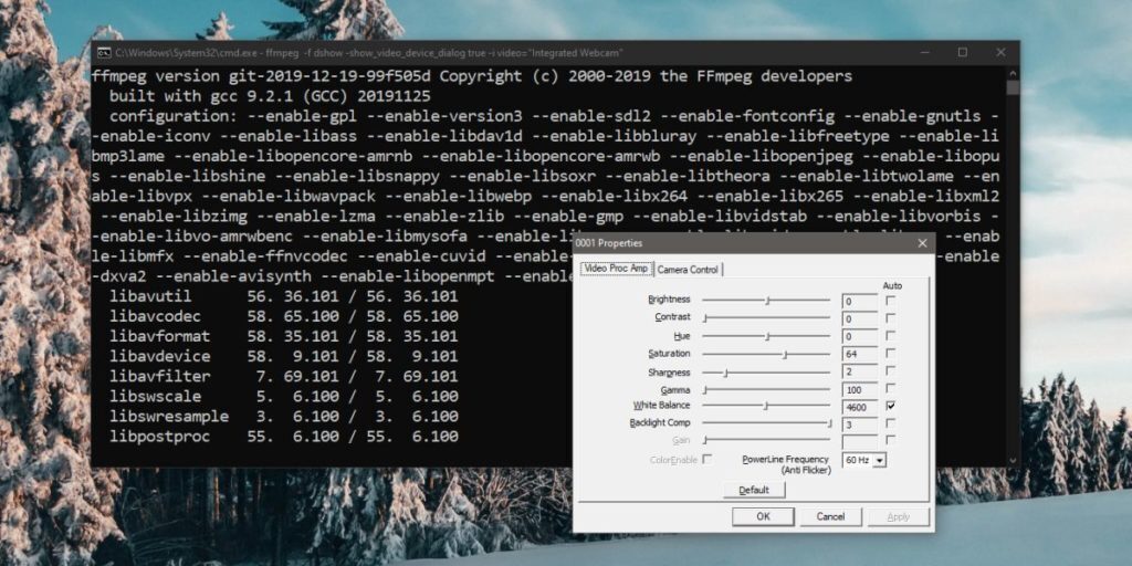How to access advanced settings for the integrated webcam on Windows 10