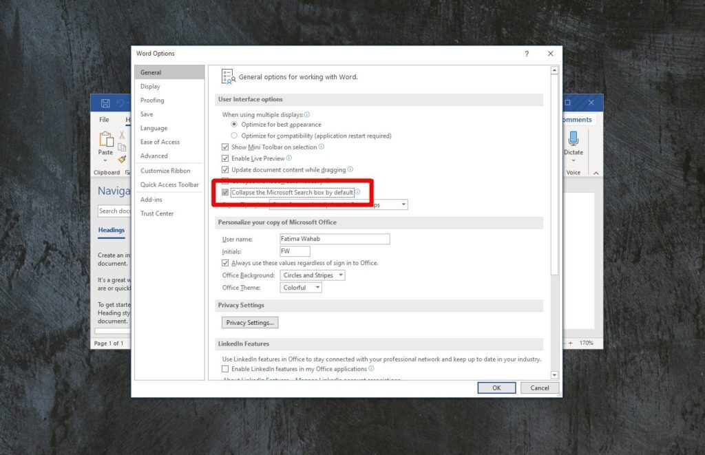 How to hide the search bar on the title bar in Office 365