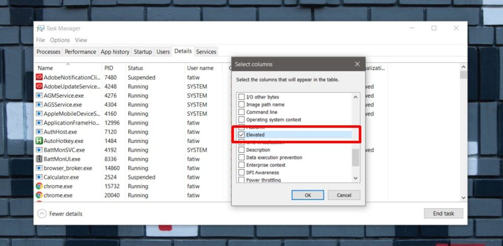 How to check if a process is running as administrator on Windows 10