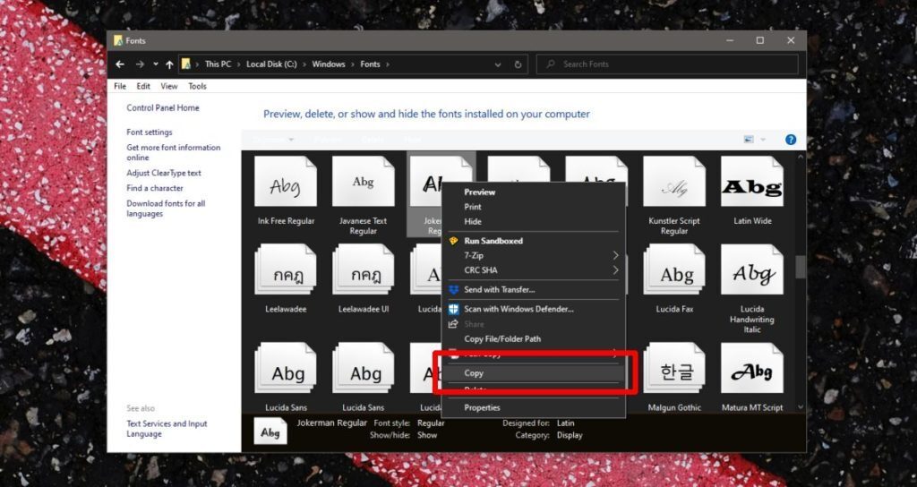 How to export a system font on Windows 10