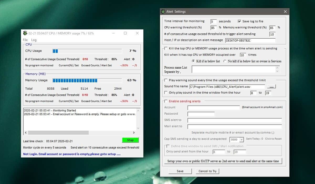 How to get high CPU and RAM alerts on Windows 10