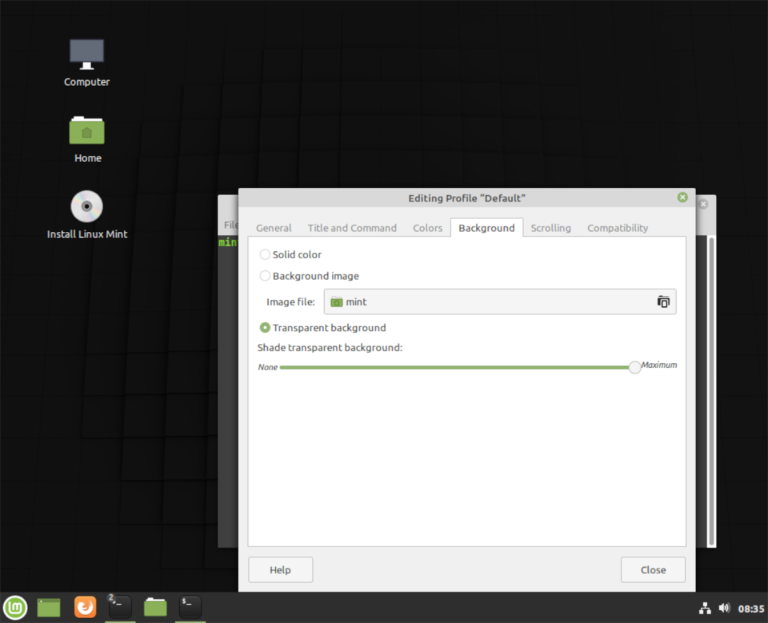 How to disable the transparent terminal background in Linux Mint