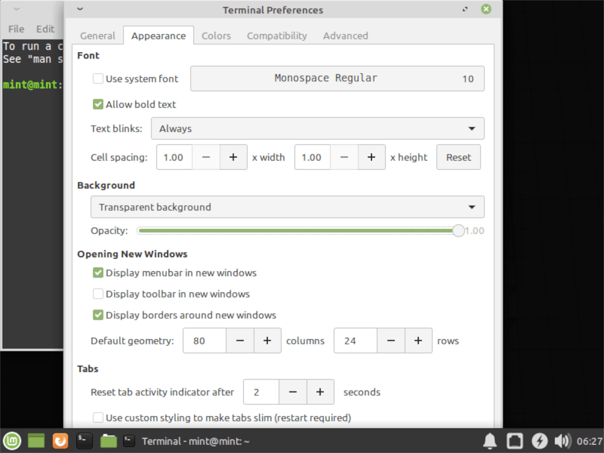 How to disable the transparent terminal background in Linux Mint