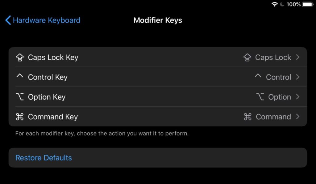How to customize modifier keys for a keyboard on iPad