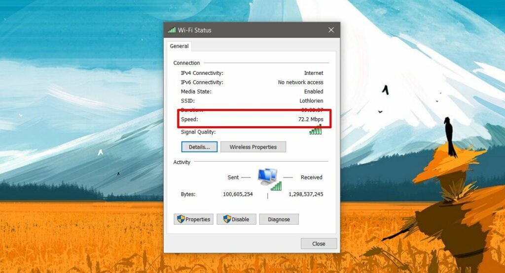 How to find the connection speed of a network adapter on Windows 10