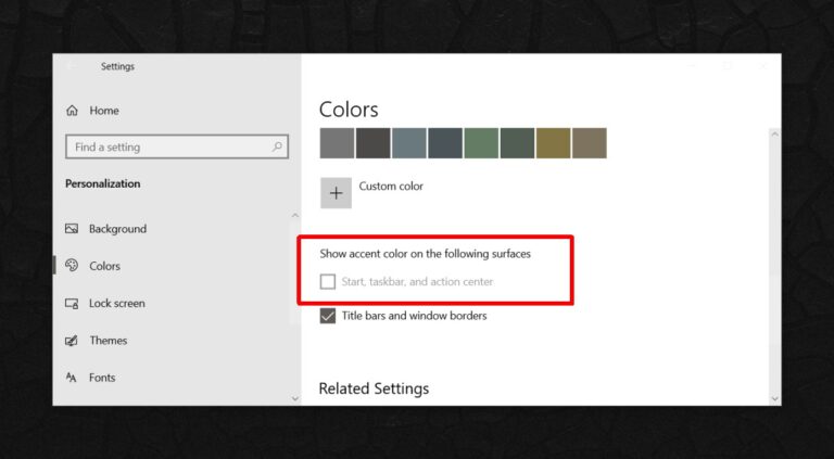 How to fix show color on taskbar greyed out on Windows 10