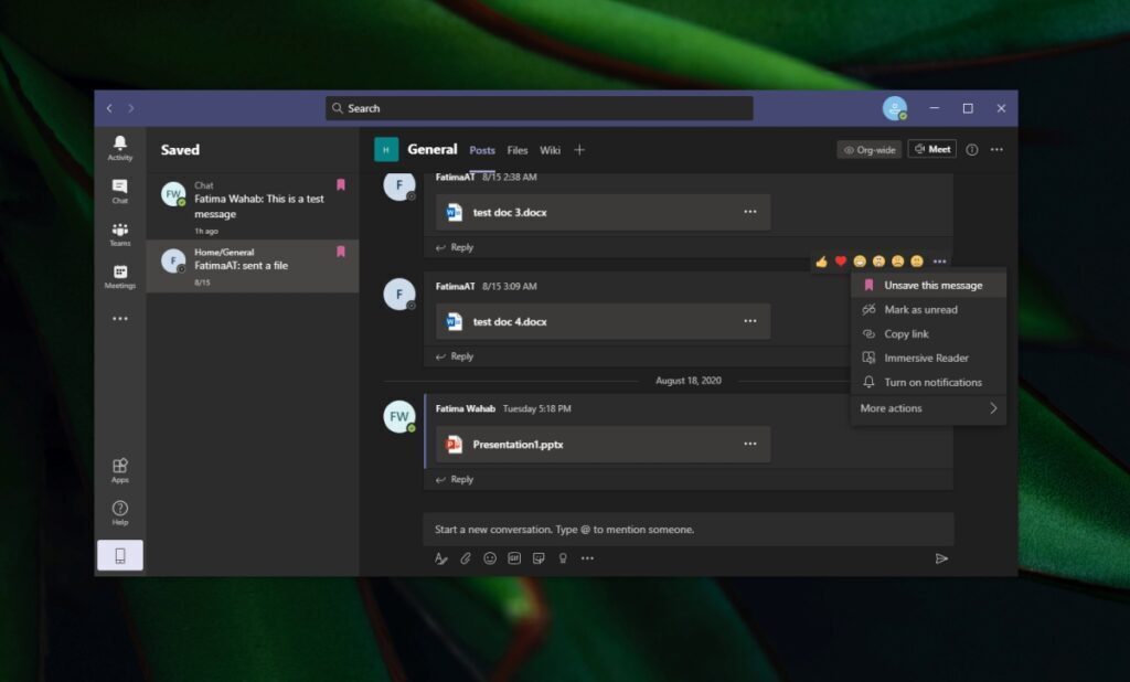 How to save/unsave messages in Microsoft Teams