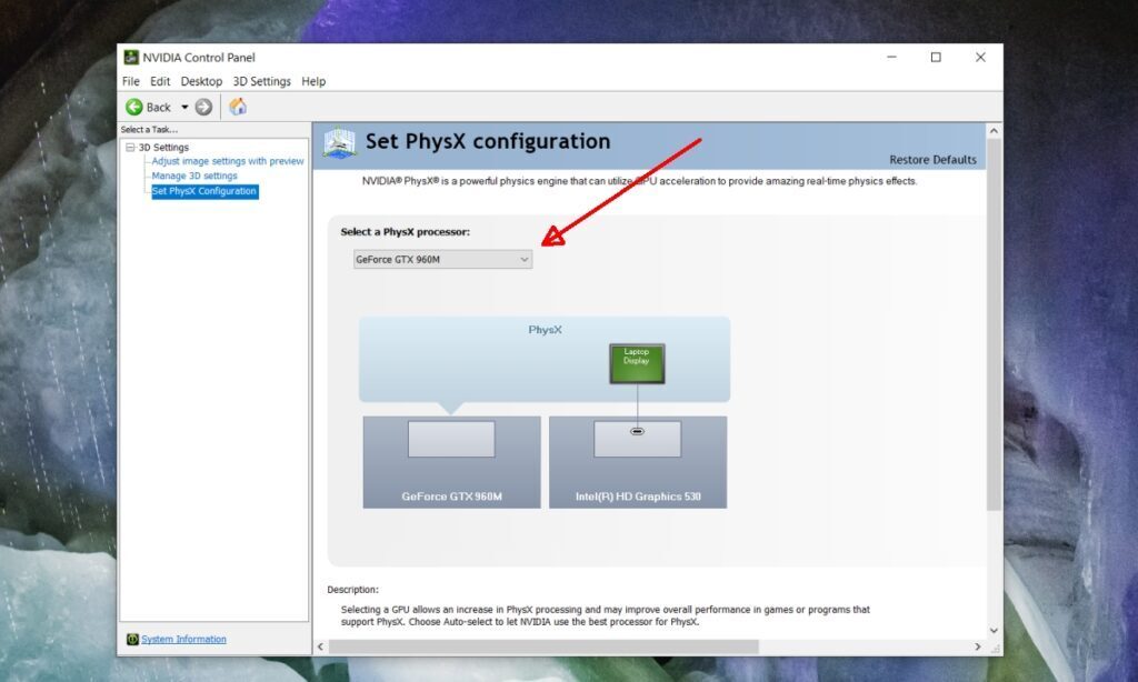 How to set PhysX Configuration in Nvidia Control Panel on Windows 10