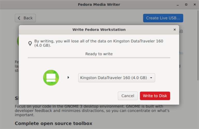 How to use Fedora Media Writer to create a Fedora install USB