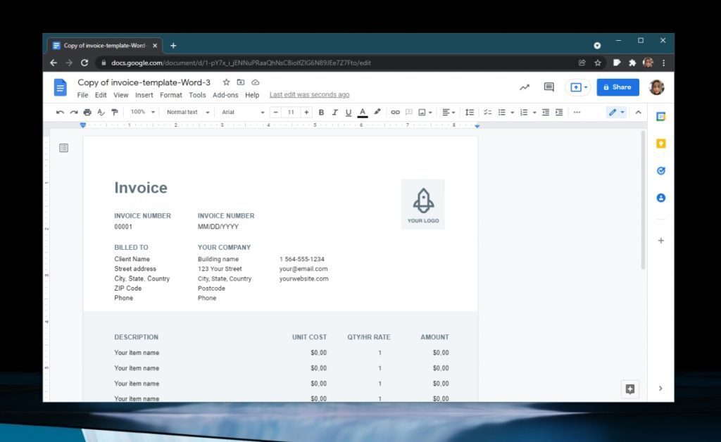How to import an invoice template in Google Docs